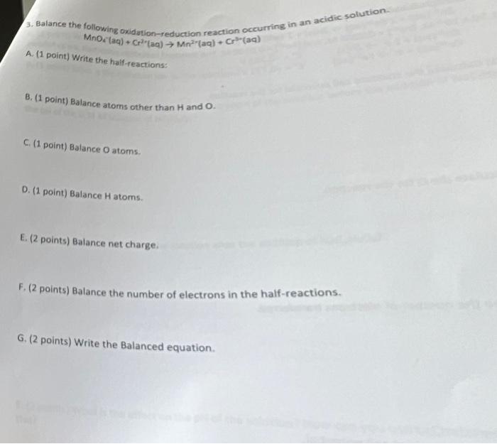 Solved 3 Balance The Following Oxidation Reduction Reaction