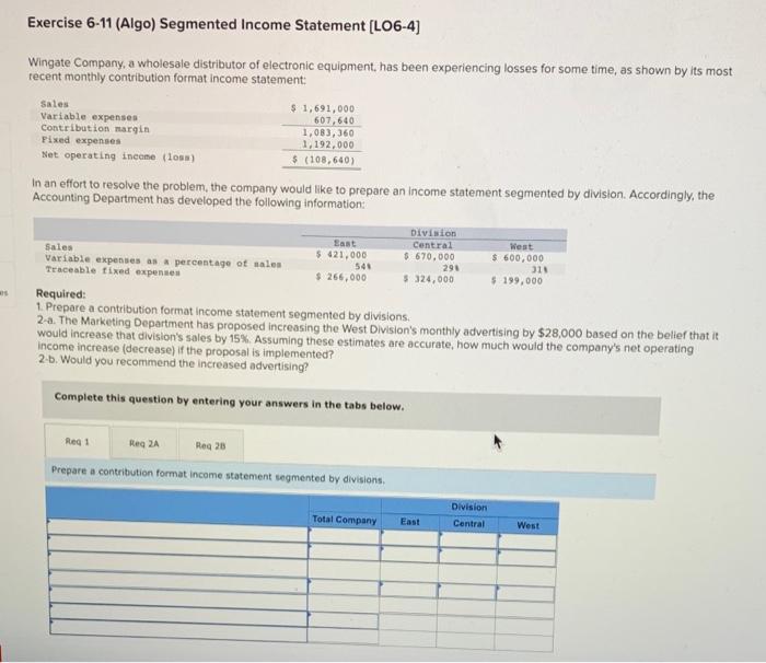 Solved Exercise 6-11 (Algo) Segmented Income Statement | Chegg.com