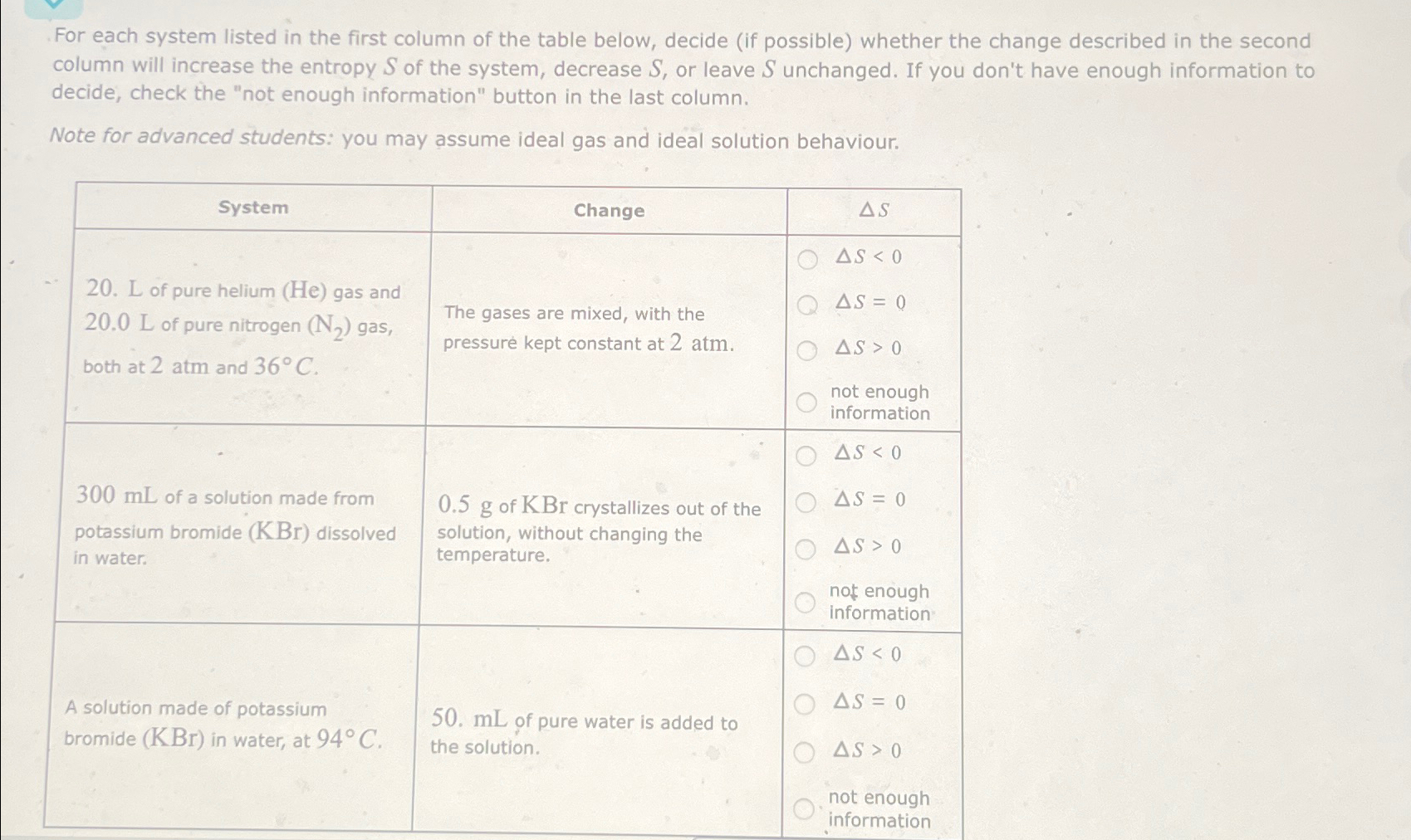 Solved For each system listed in the first column of the | Chegg.com