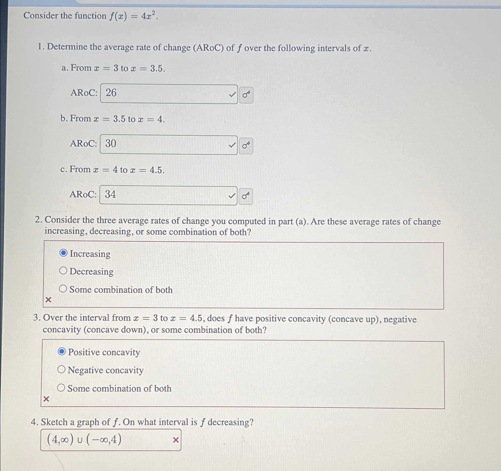 Solved Consider the function f(x)=4x2.Determine the average | Chegg.com