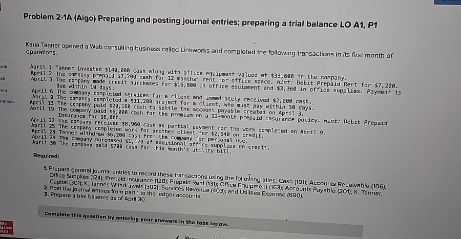 Solved Problem 2-1A (Algo) ﻿Preparing and posting journal | Chegg.com