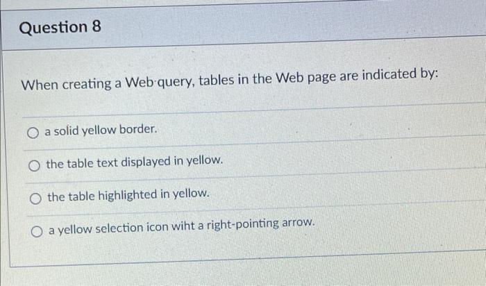 Solved Question 8 When creating a Web query, tables in the | Chegg.com