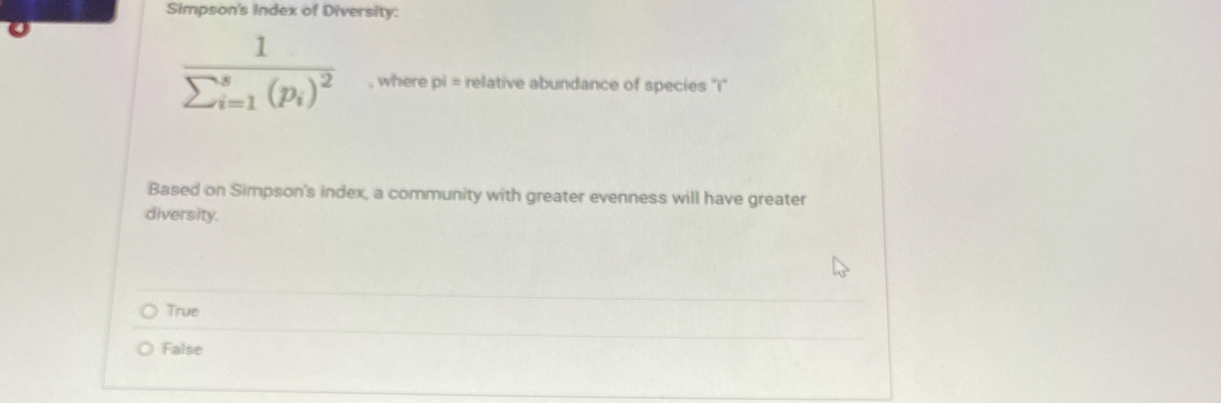 Solved Simpson's Index of Diversity:1∑i=1s(pi)2, ﻿where pi = | Chegg.com