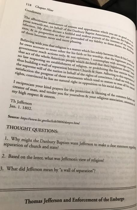 Why might the Danbury Baptists want Jefferson to make | Chegg.com