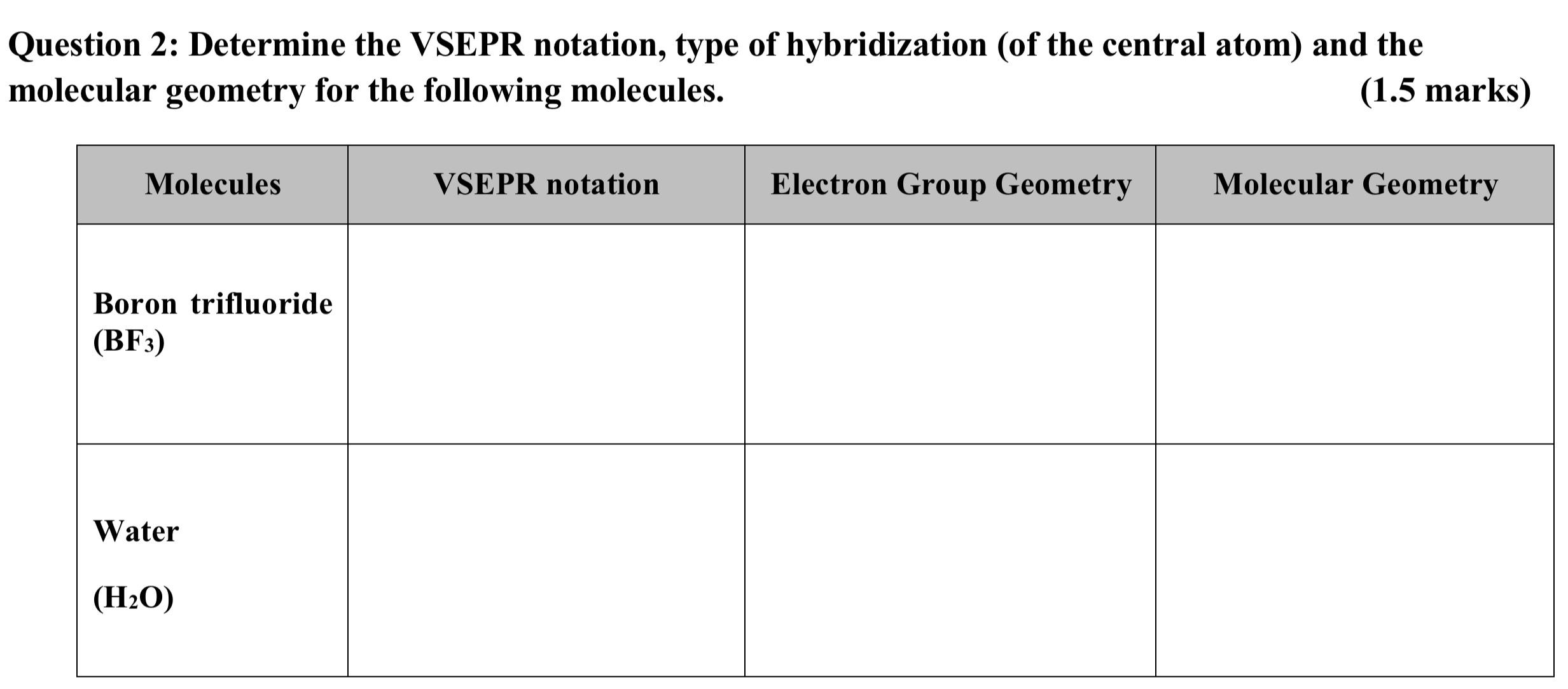 Solved Question 2: Determine the VSEPR notation, type of | Chegg.com
