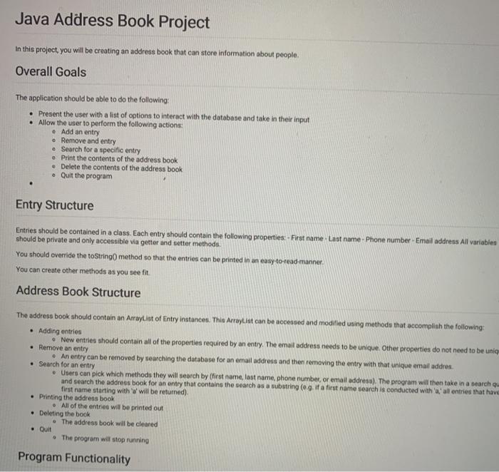 Solved Java Address Book Project In this project, you will | Chegg.com