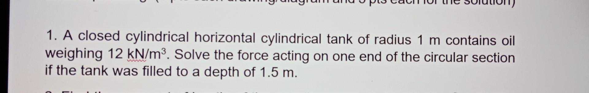 Solved 1. A closed cylindrical horizontal cylindrical tank | Chegg.com