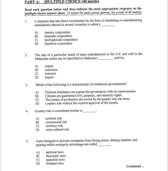 Solved PART A: MULTIPLE CHOICE (40 marks) Read each question | Chegg.com