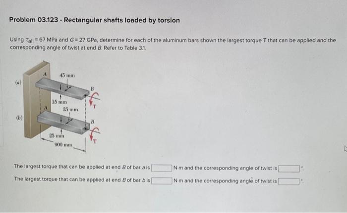 Solved Problem 03.123 - Rectangular shafts loaded by torsion | Chegg.com