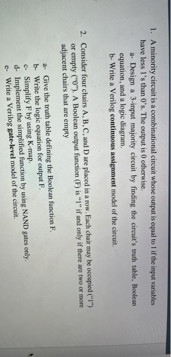 Solved 1. A minority circuit is a combinational circuit | Chegg.com