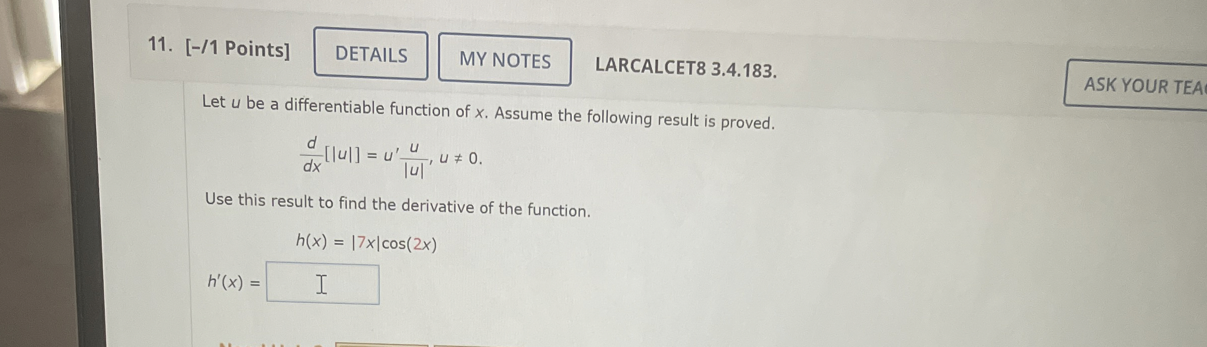Solved [-/1 ﻿Points]LARCALCET8 3.4.183.Let u ﻿be a | Chegg.com
