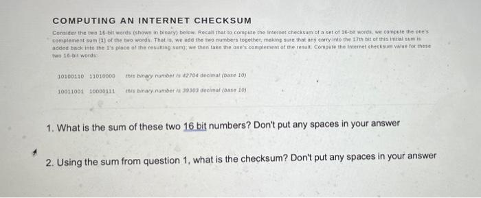 Solved COMPUTING AN INTERNET CHECKSUM Consiter the twa | Chegg.com