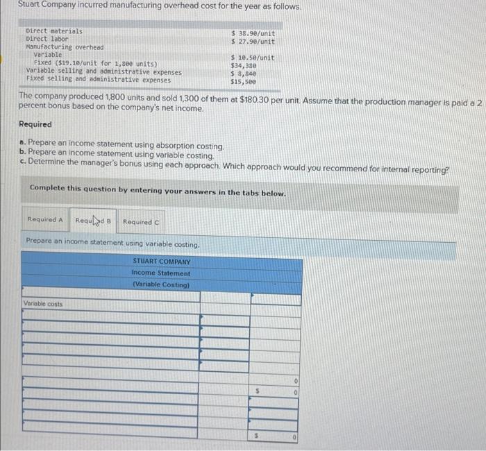 Solved Stuart Company incurred manufacturing overhead cost | Chegg.com