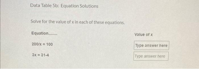 Solved Data Table 5b: Equation Solutions Solve for the value | Chegg.com