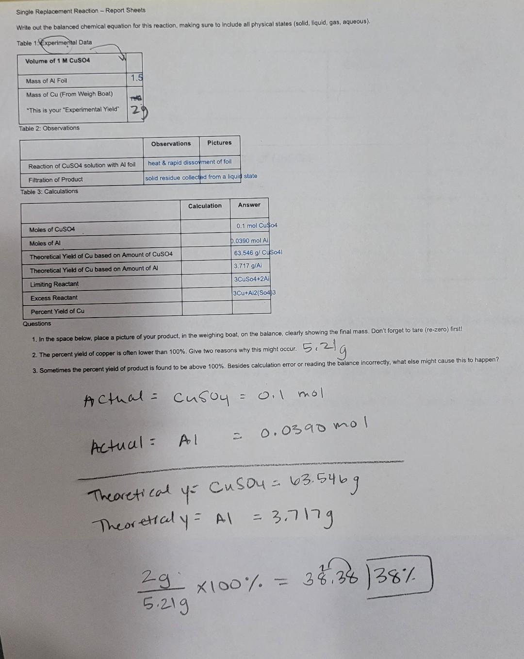 Solved Single Replacement Reaction - Report Sheets Write out | Chegg.com