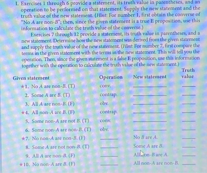 I. Exercises 1 through 6 provide a statement, its | Chegg.com