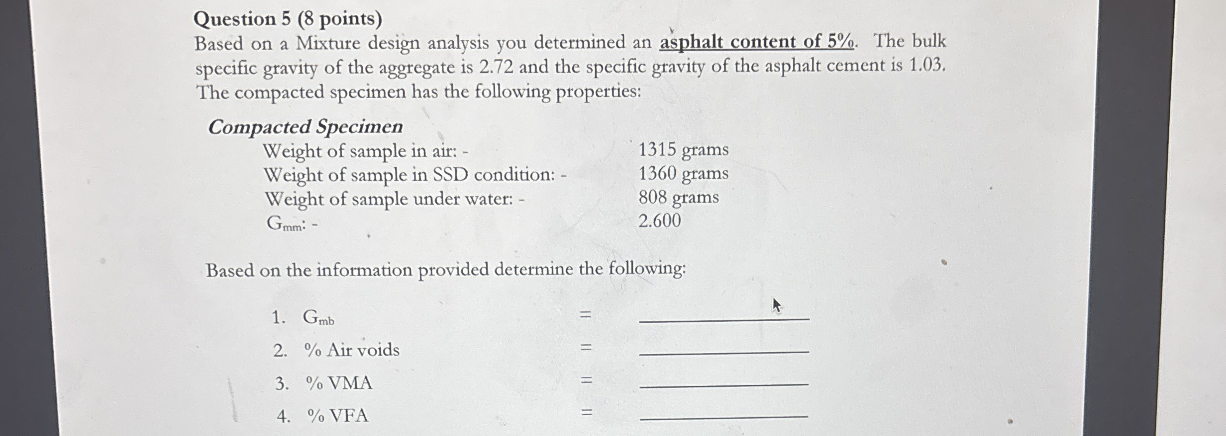 Solved Question 5 (8 ﻿points)Based on a Mixture design | Chegg.com