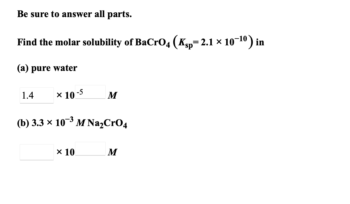 Solved Be sure to answer all parts.Find the molar solubility | Chegg.com