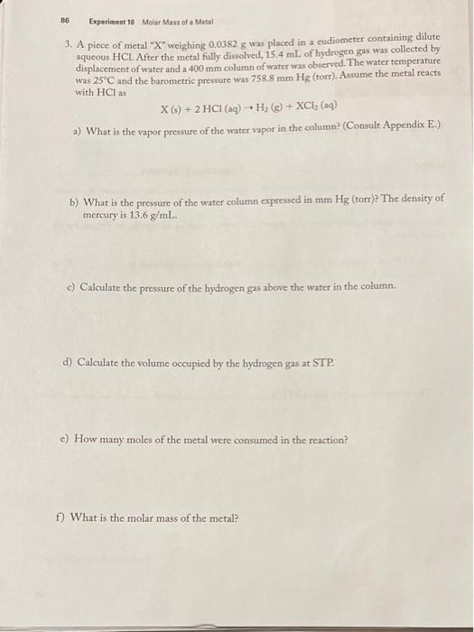 Solved EXPERIMENT 10 Molar Mass of a Metal Prelaboratory | Chegg.com