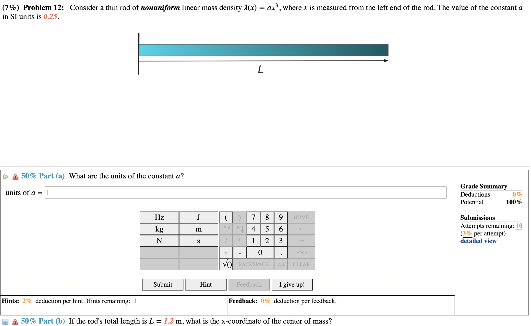 Solved (7%) ﻿Problem 12: Consider a thin rod of nonuniform | Chegg.com