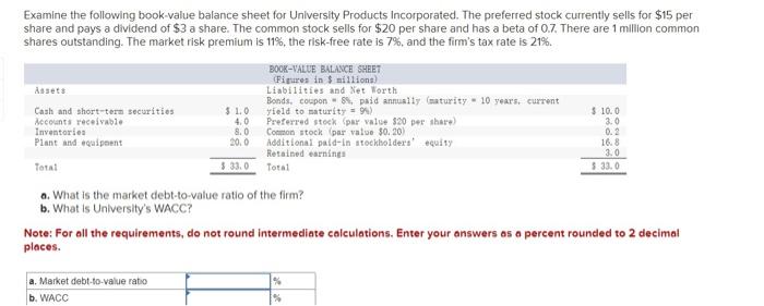 Solved Examine the following book-value balance sheet for | Chegg.com