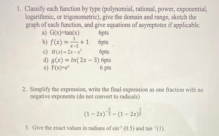 Solved 1. Classify each function by type (polynomial, | Chegg.com