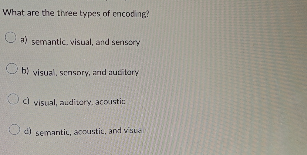 Solved What are the three types of encoding?a) ﻿semantic, | Chegg.com
