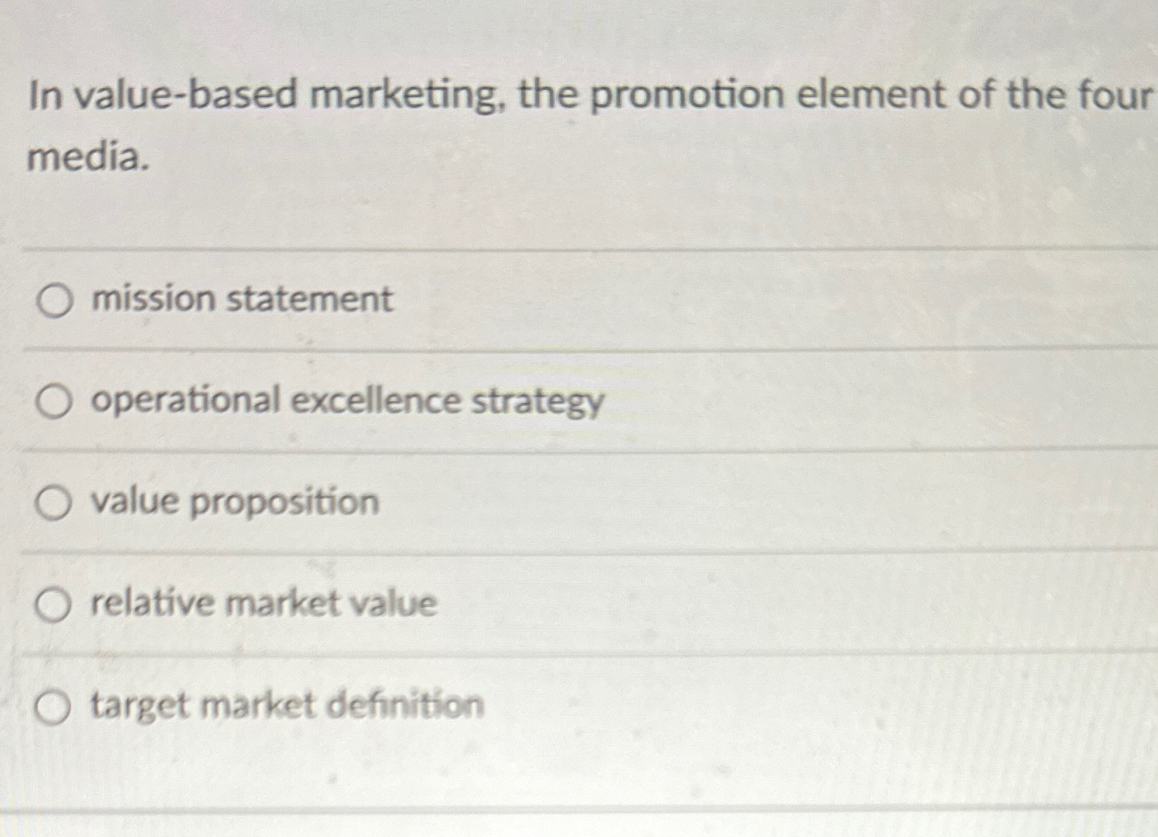 Solved In value-based marketing, the promotion element of | Chegg.com