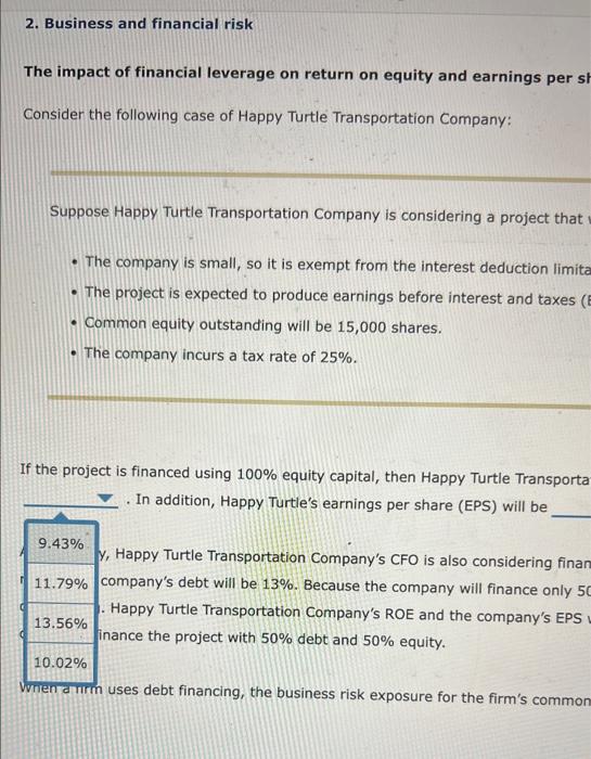 Solved 2. Business and financial risk The impact of | Chegg.com
