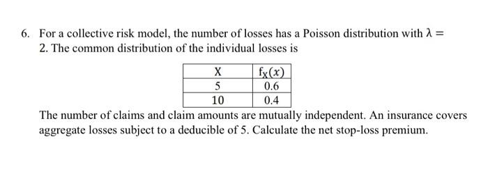 Solved 6. For a collective risk model, the number of losses | Chegg.com