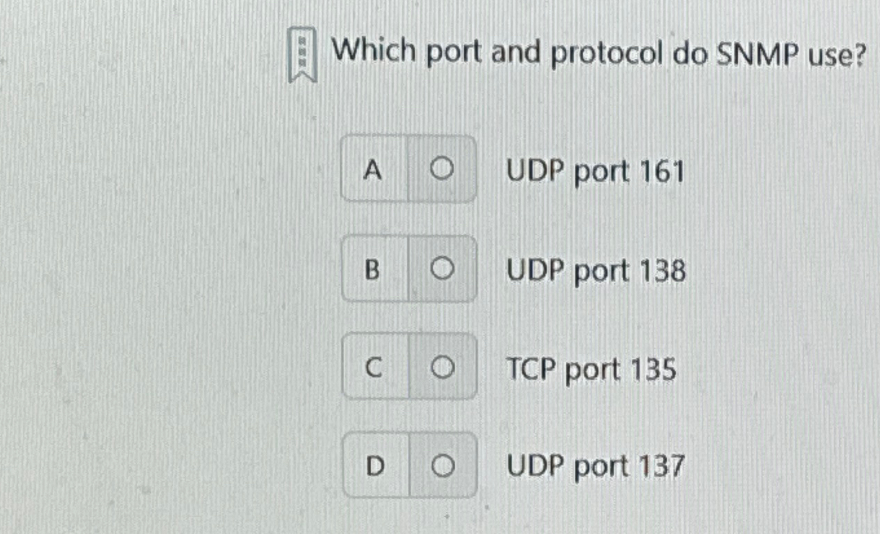 Solved Which port and protocol do SNMP use?UDP port 161BUDP | Chegg.com