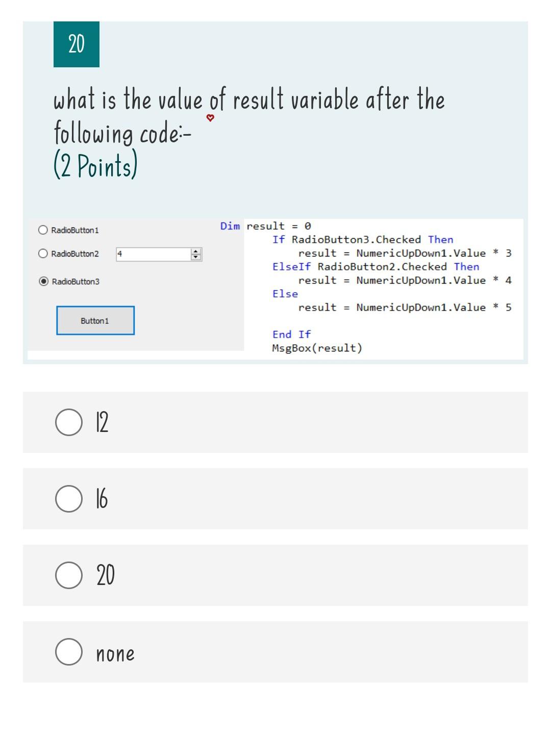 Solved 20 what is the value of result variable after the | Chegg.com