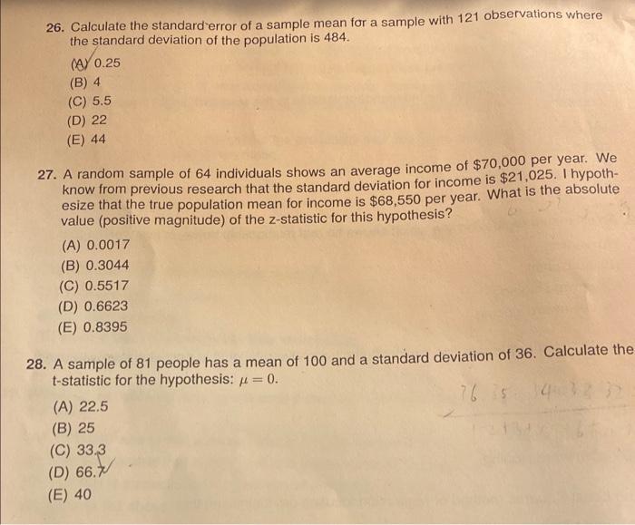 Solved 26. Calculate the standard error of a sample mean for | Chegg.com