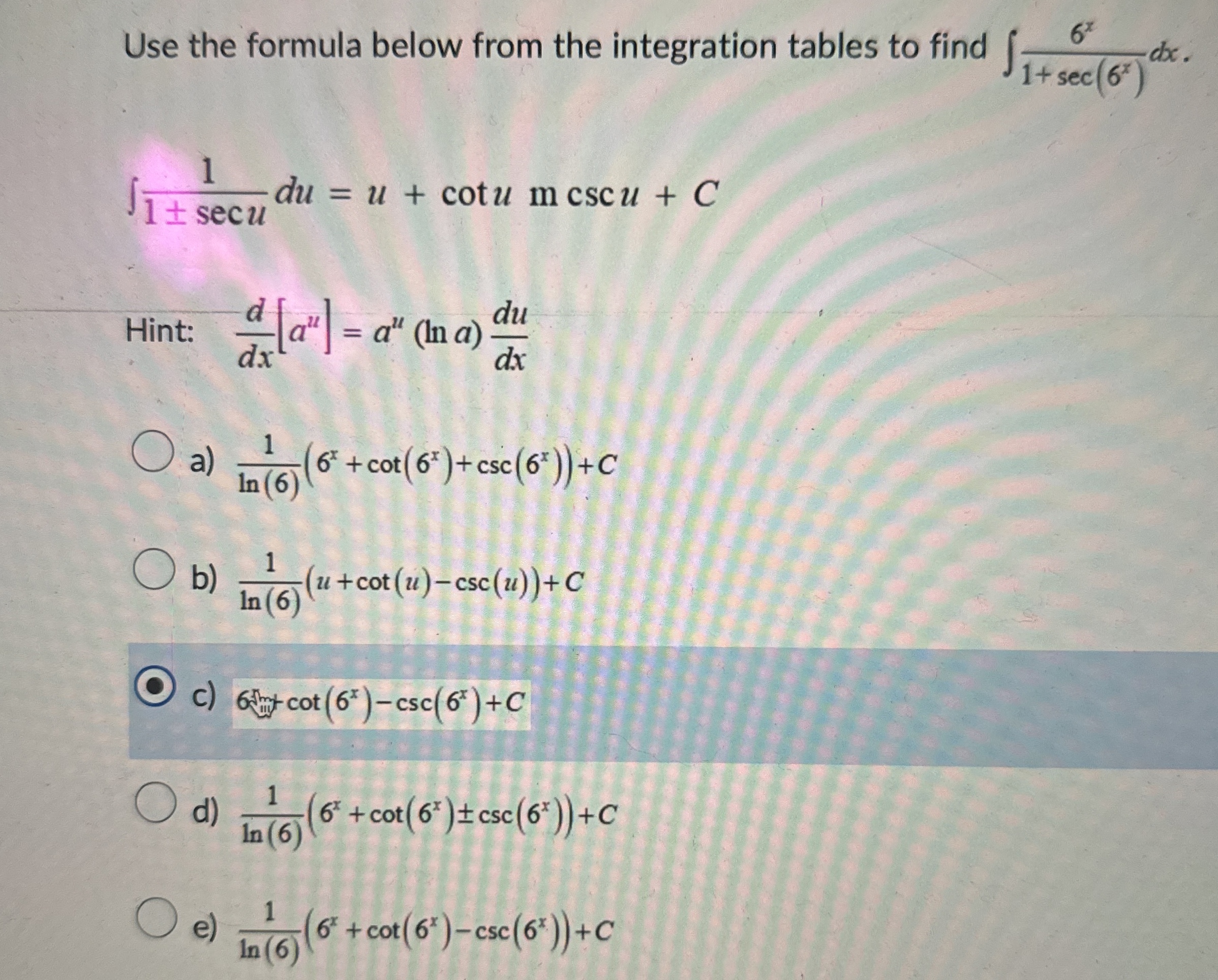 Solved Use the formula below from the integration tables to | Chegg.com