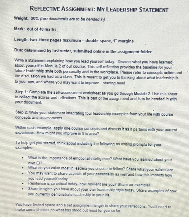 Solved REFLECTIVE ASSIGNMENT: MY LEADERSHIP STATEMENT Weight | Chegg.com