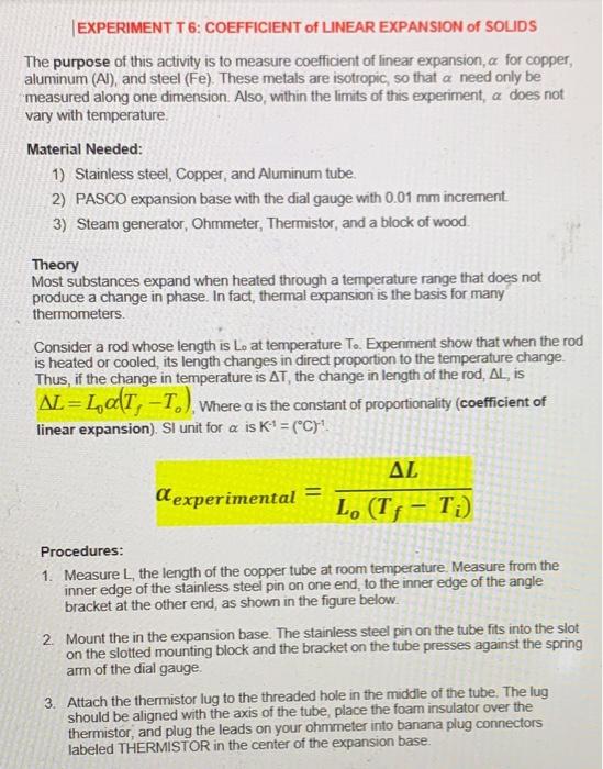 Solved EXPERIMENT T6 COEFFICIENT Of LINEAR EXPANSION Of Chegg