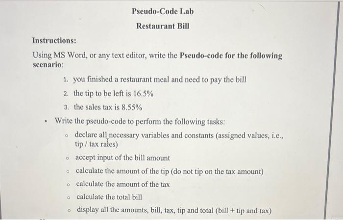 Solved Restaurant Bill Instructions: Using MS Word, or any | Chegg.com