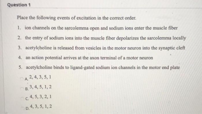 Solved Question 1 Place the following events of excitation | Chegg.com