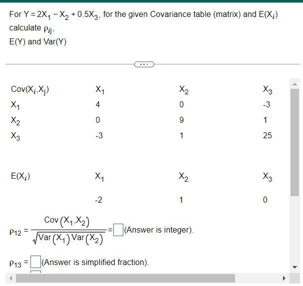 Solved For Y=2X1−X2+0.5X3, for the given Covariance table | Chegg.com