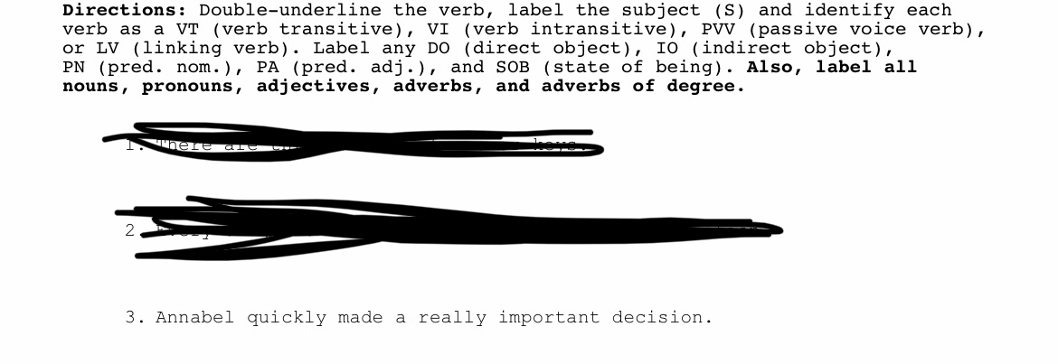Directions: Double-underline the verb, label the | Chegg.com