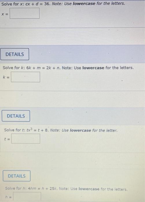 Solved Solve for X: cx + d = 36. Note: Use lowercase for the | Chegg.com