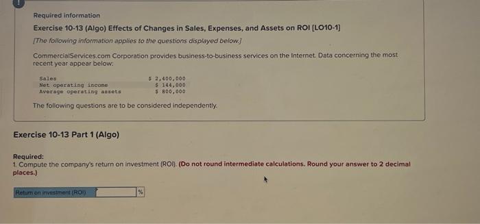 Solved Required information Exercise 10-13 (Algo) Effects of | Chegg.com