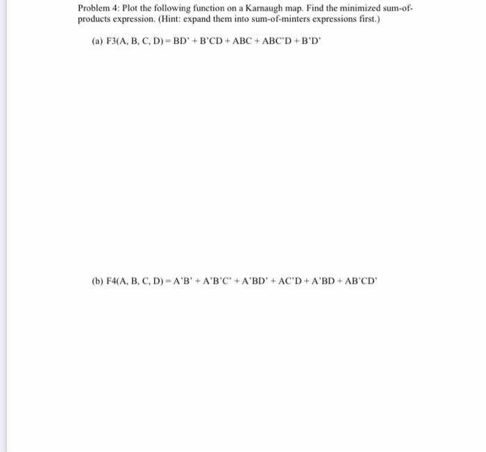 Solved Problem 4: Plot the following function on a Karnaugh | Chegg.com