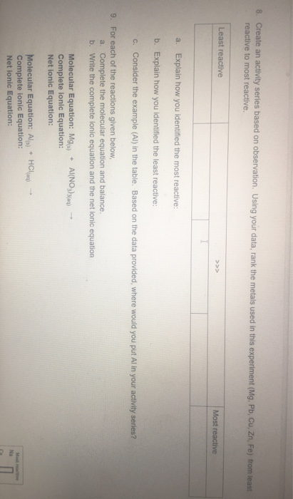 Solved 8. Create an activity series based on observation. | Chegg.com
