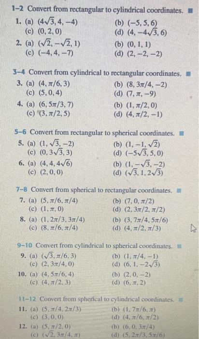 Solved 1-2 Convert from rectangular to cylindrical | Chegg.com