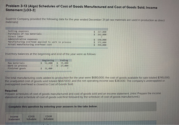 Solved Problem 3-13 (Algo) Schedules of Cost of Goods | Chegg.com