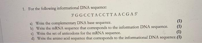 Solved 1. For the following informational DNA sequence: | Chegg.com