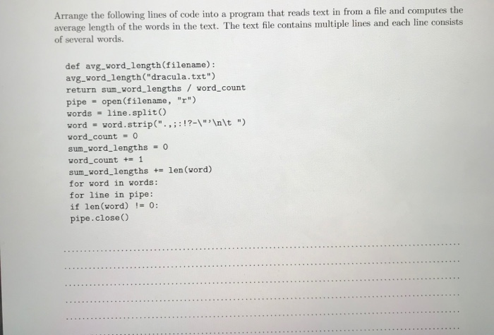 Solved Arrange the following lines of code into a program | Chegg.com