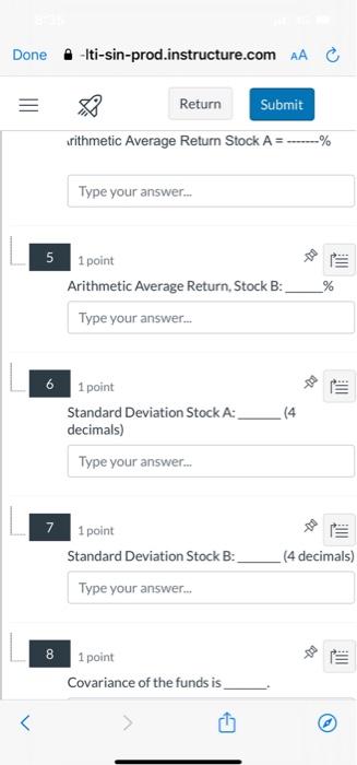Arithmetic Return The following is the return on | Chegg.com