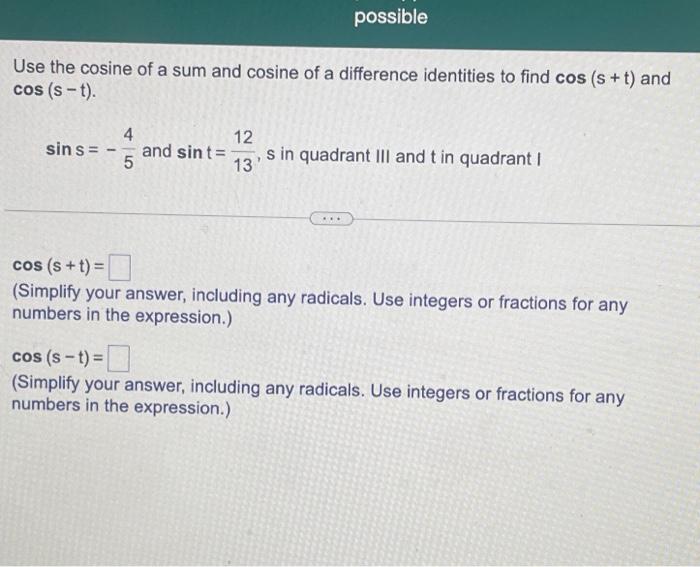 Solved Use the cosine of a sum and cosine of a difference | Chegg.com
